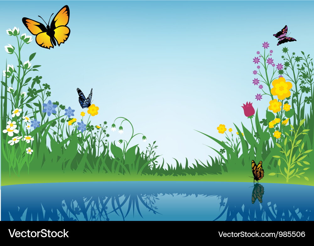Small lake and butterflies Royalty Free Vector Image
