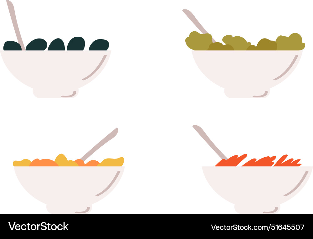 Four bowls food isolated white Royalty Free Vector Image