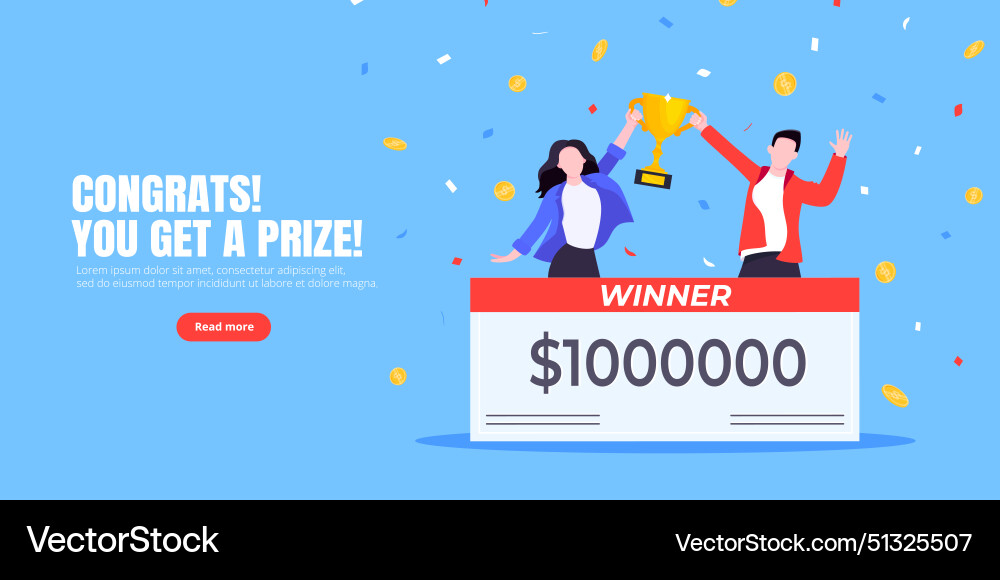 Happy lottery winners with big prize paycheck Vector Image