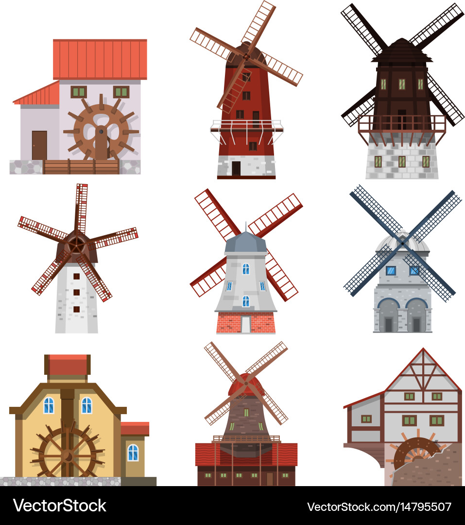 Traditional windmills and water mills Royalty Free Vector