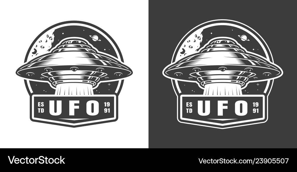 Vintage monochrome alien spaceship space emblem Vector Image