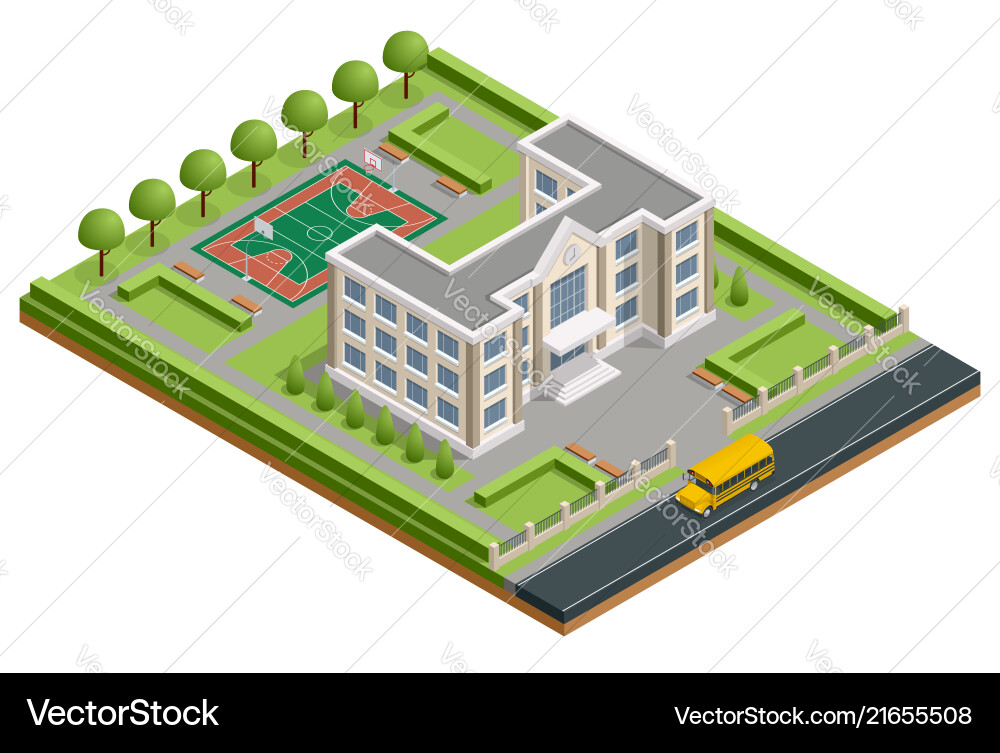 Isometric public school building exterior Vector Image