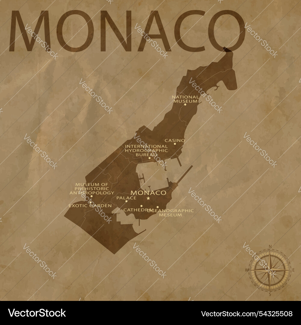 Vintage monaco map with regions borders and major Vector Image