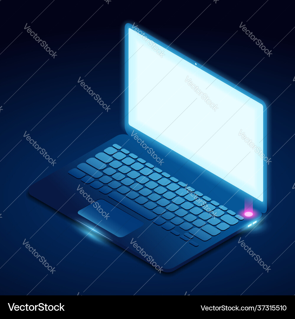 Isometric laptop with glowing neon colors front Vector Image