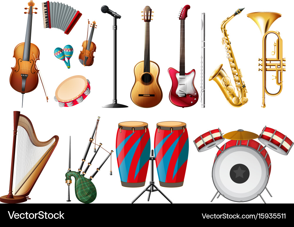 Different types of musical instruments Royalty Free Vector
