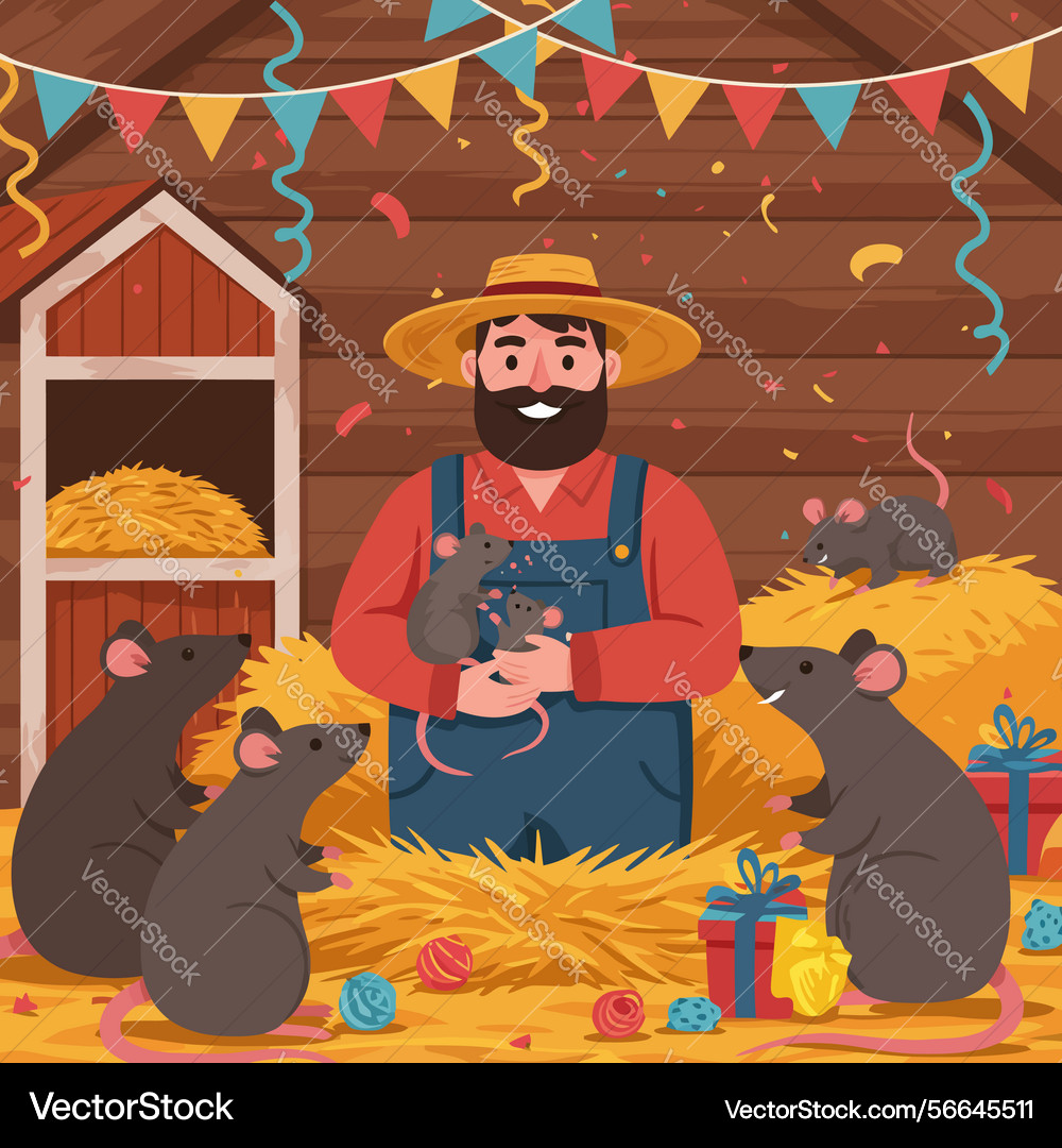 Farmer holding mice celebrating with party Vector Image