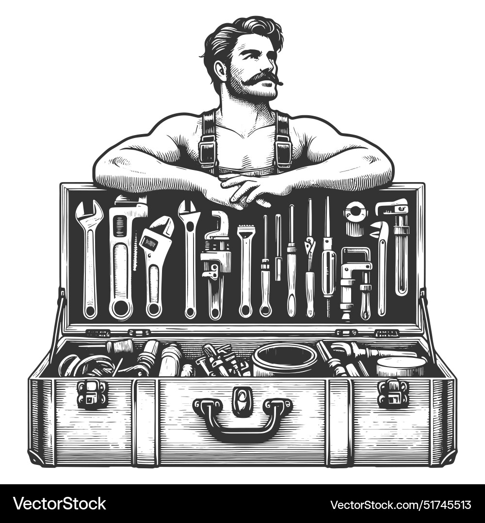 Mechanic with tool box engraving Royalty Free Vector Image