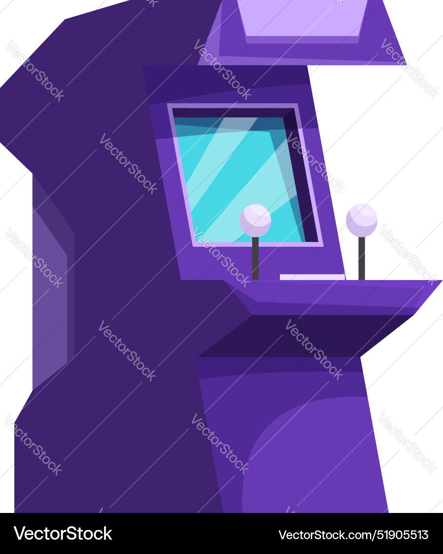Purple arcade game machine with joysticks standing