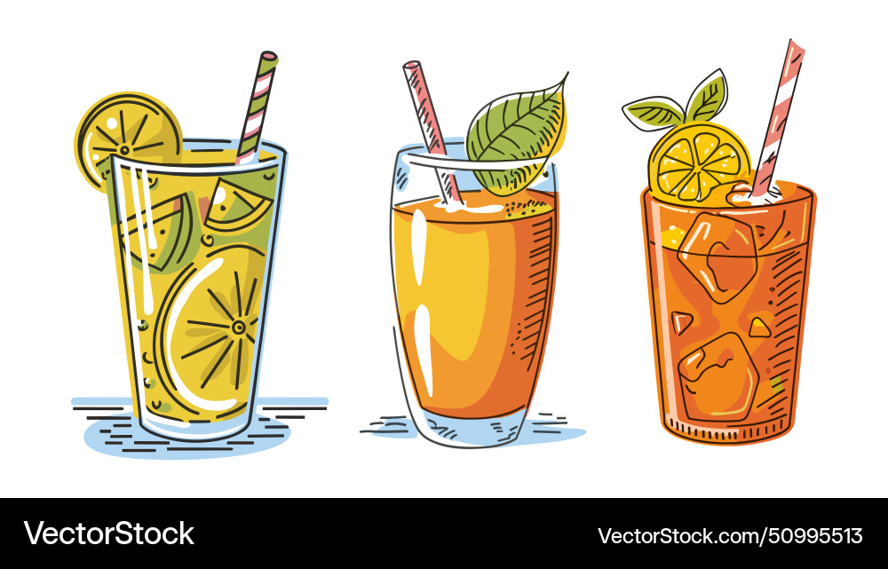 Set of different fruit juice in glass with pipe Vector Image