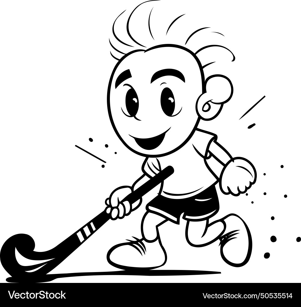 Cartoon boy playing hockey - black and white Vector Image