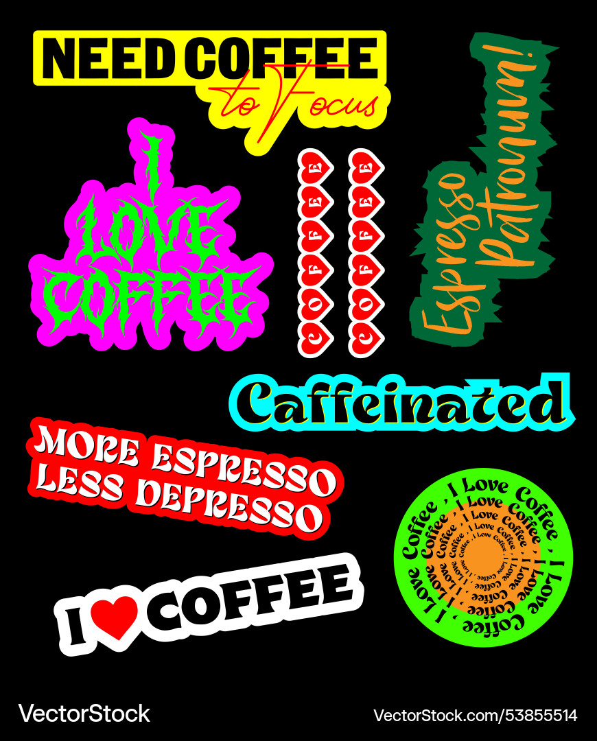 Coffee sticker set barista pin addict Royalty Free Vector