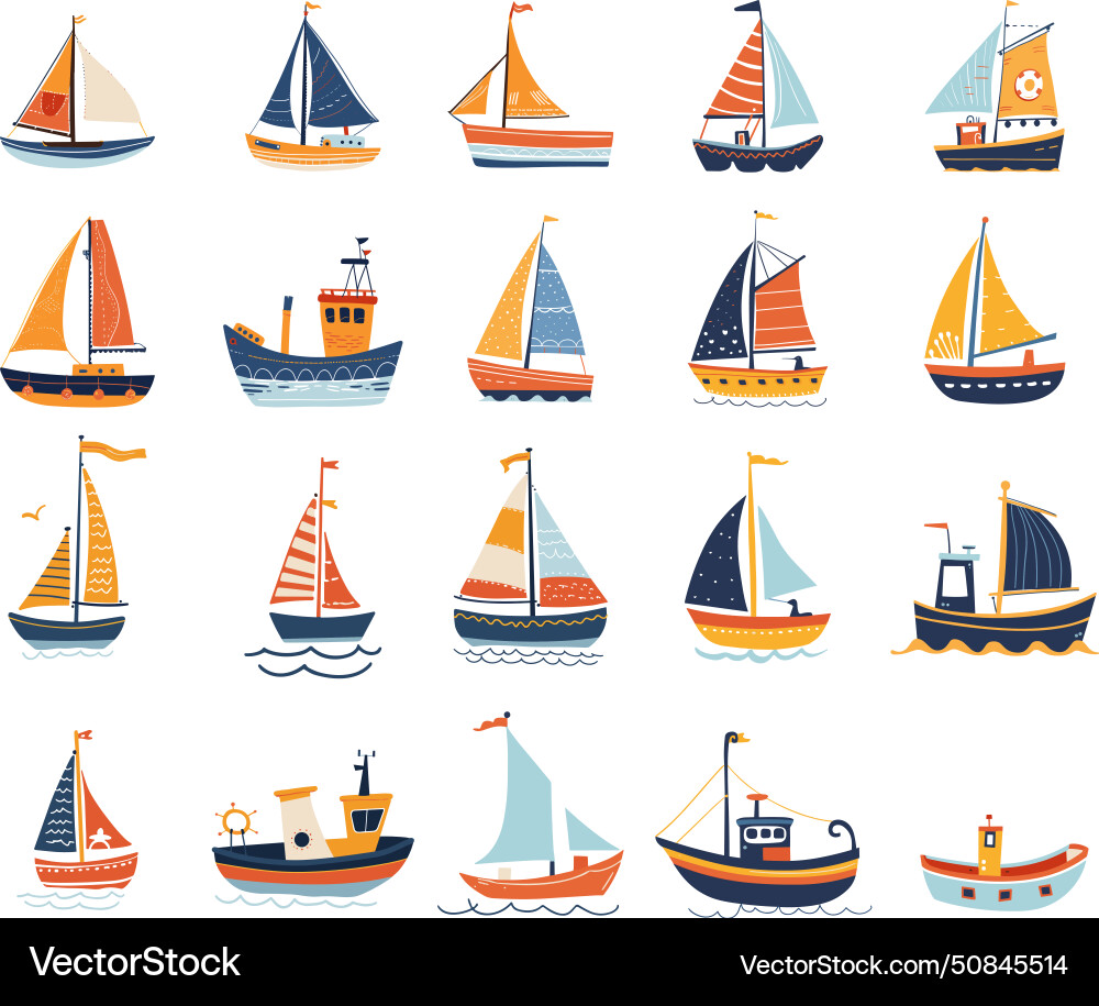 Sailing yachts doodle set marine ships Royalty Free Vector