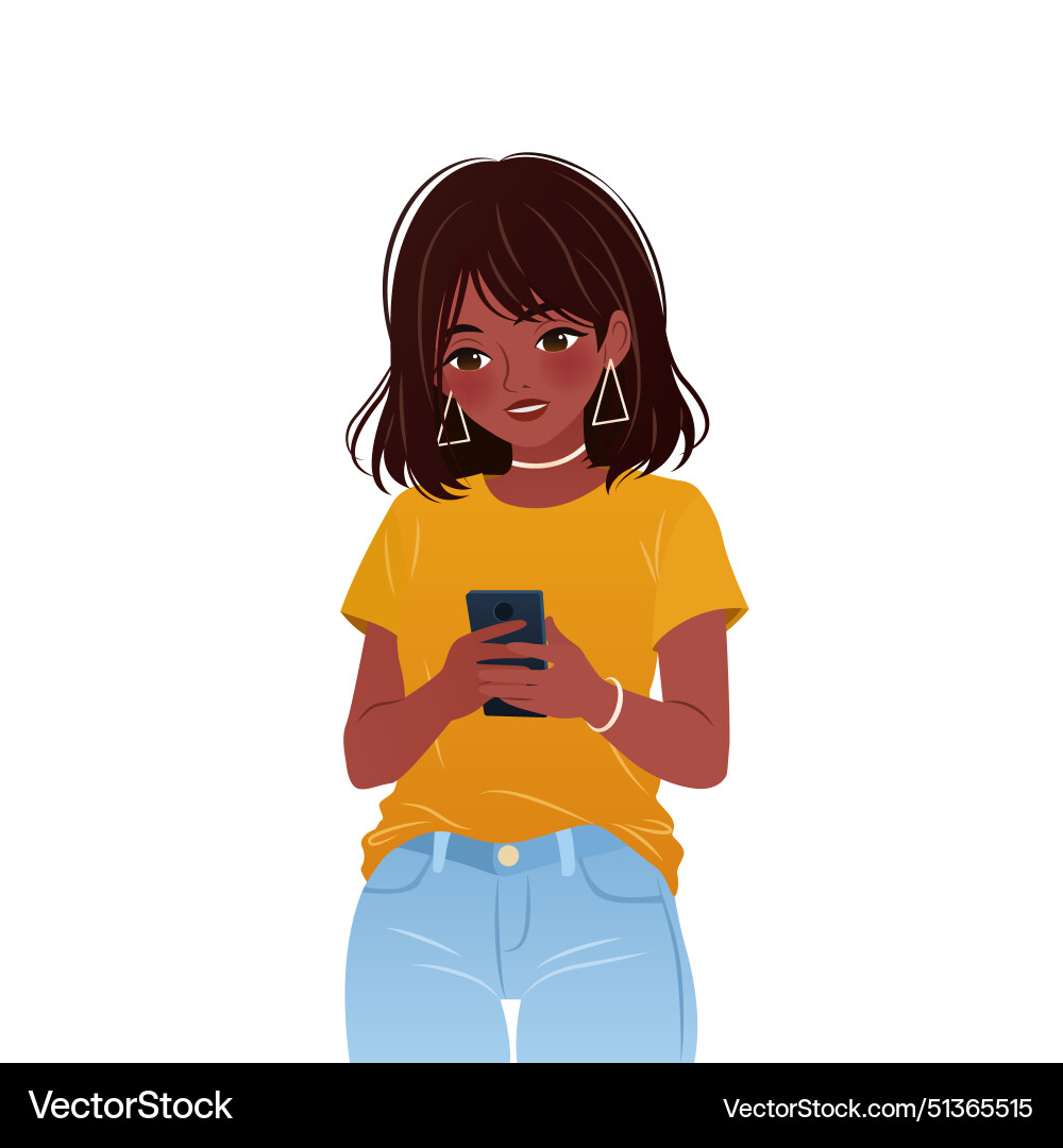 Young woman is standing and using her smartphone Vector Image