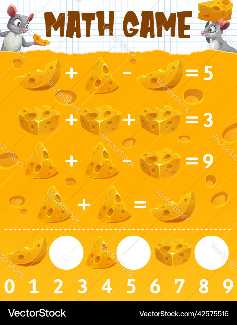 Cartoon cheese and rats math game worksheet task Vector Image