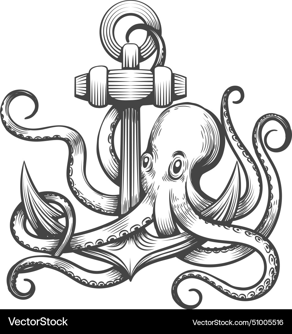 Engraving octopus and anchor tattoo Royalty Free Vector