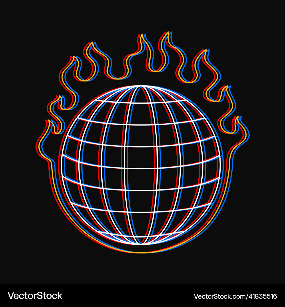 Globe earth sphere grid burn in fire t-shirt print