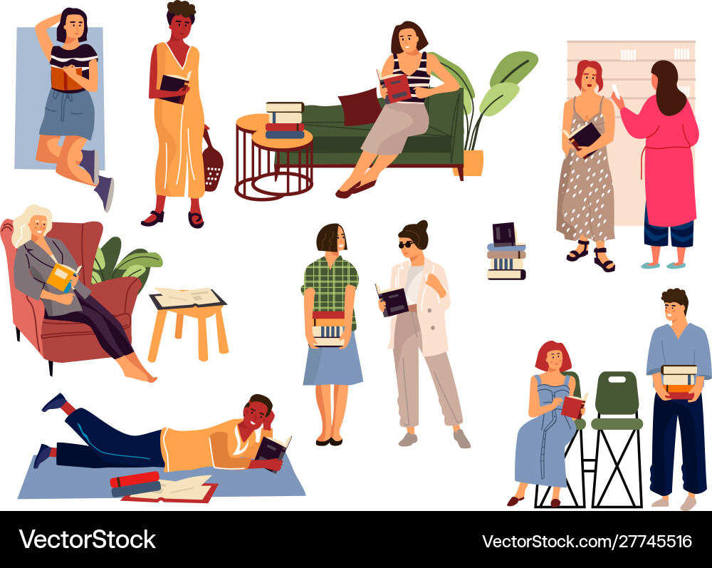Reading people cartoon diverse characters Vector Image