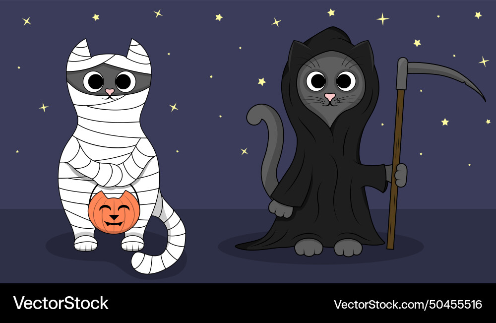 Two cute cats wearing halloween costumes Vector Image