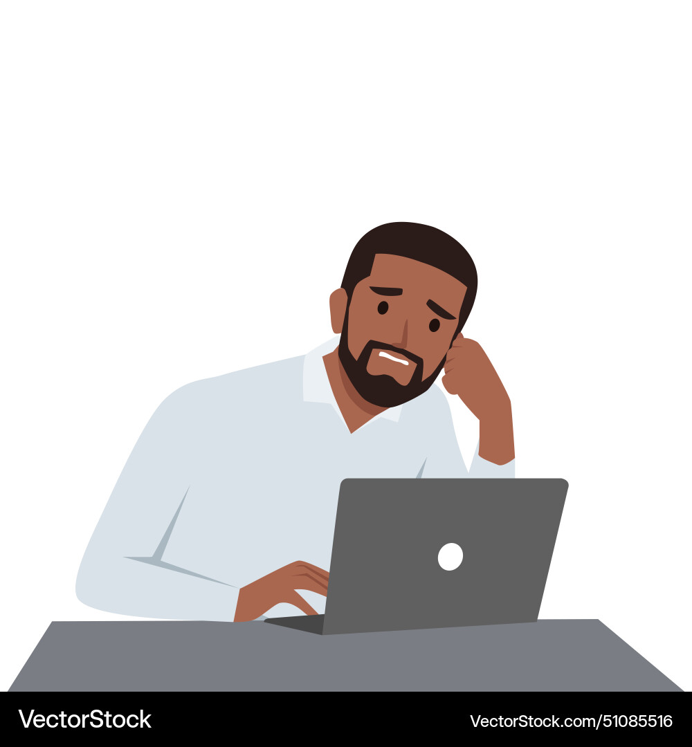 Young man tired at the desktop headache Royalty Free Vector