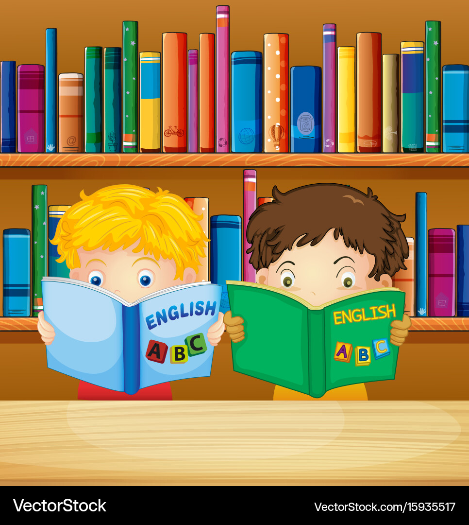 Boys reading books in library Royalty Free Vector Image