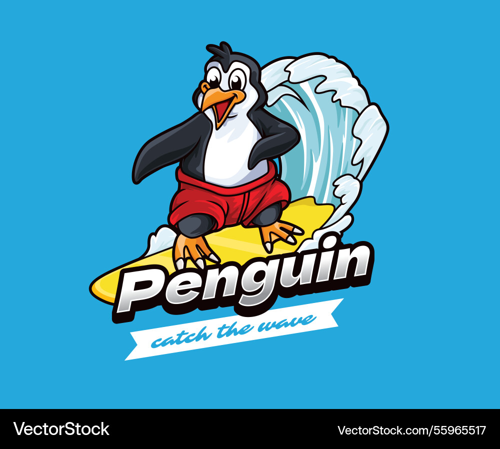 Penguin surfer wave mascot Royalty Free Vector Image