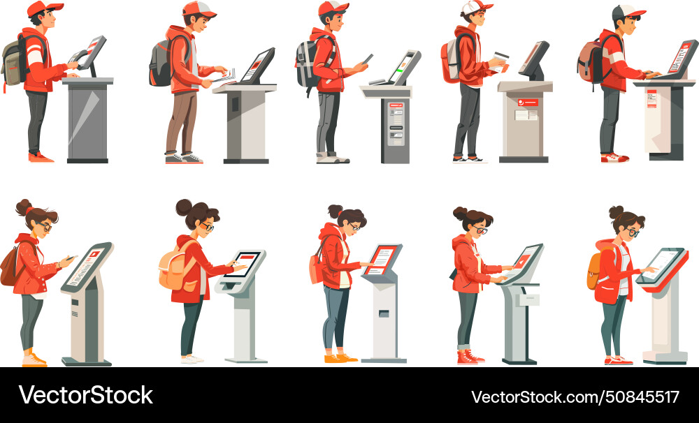 Self service terminal scenes cartoon set Vector Image