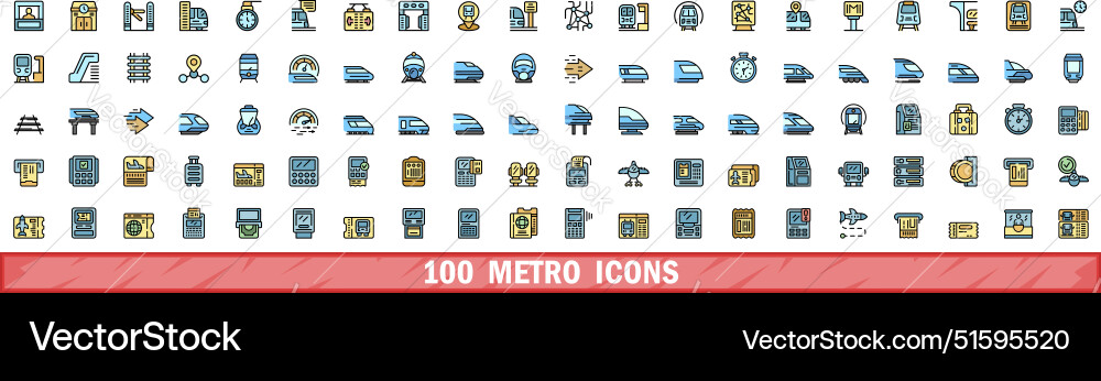 100 metro icons set color line style Royalty Free Vector