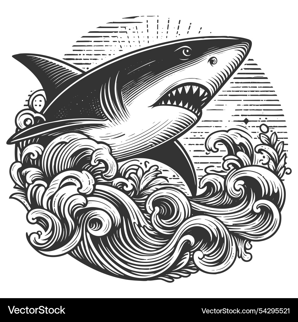 Shark swimming through waves engraving Royalty Free Vector