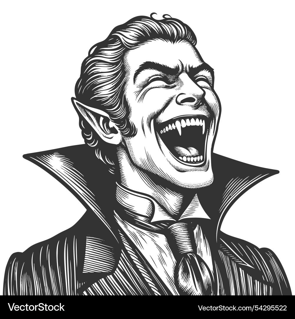 Smiling vampire with fangs engraving Royalty Free Vector