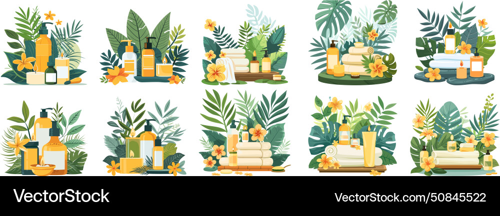 Spa accessories cartoon set oils creams Royalty Free Vector