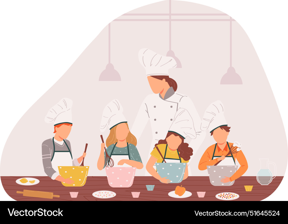 Chef teaching kids cooking class children wearing Vector Image