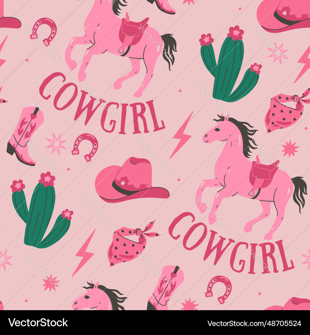 Seamless pattern in trendy pink colors with cowboy