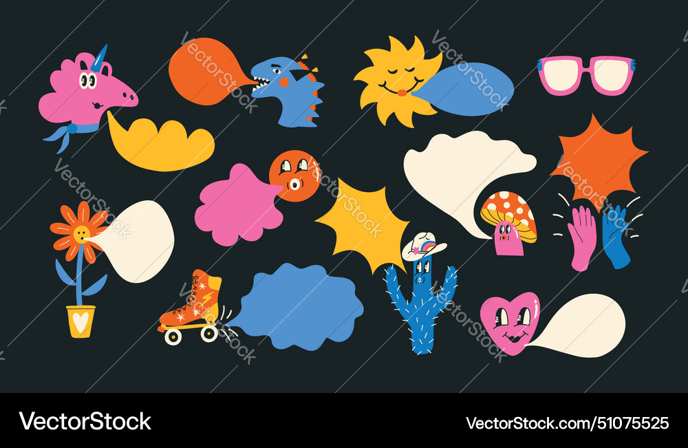 Groovy funky characters with speak bubble heart Vector Image