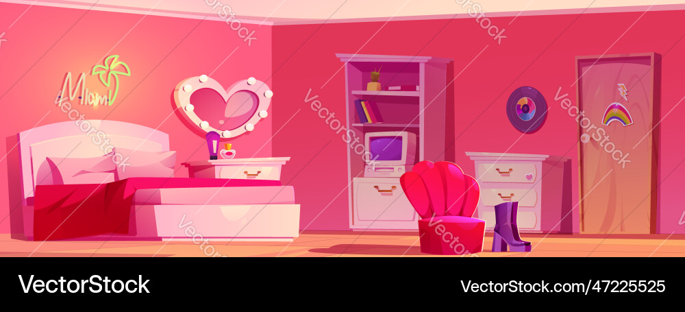 Retro Girl Bedroom Interior With Furniture Vector Image