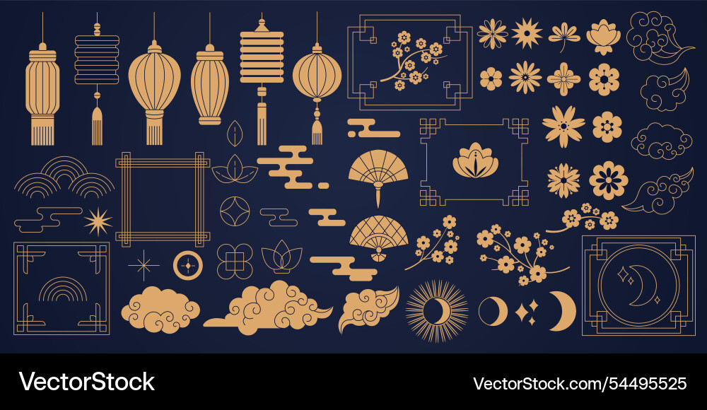 Various chinese symbols with frames linear glyph Vector Image
