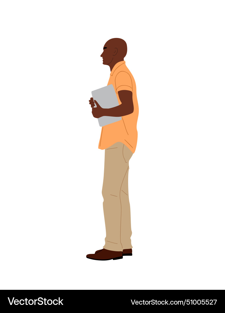 Black business man standing side view with laptop Vector Image