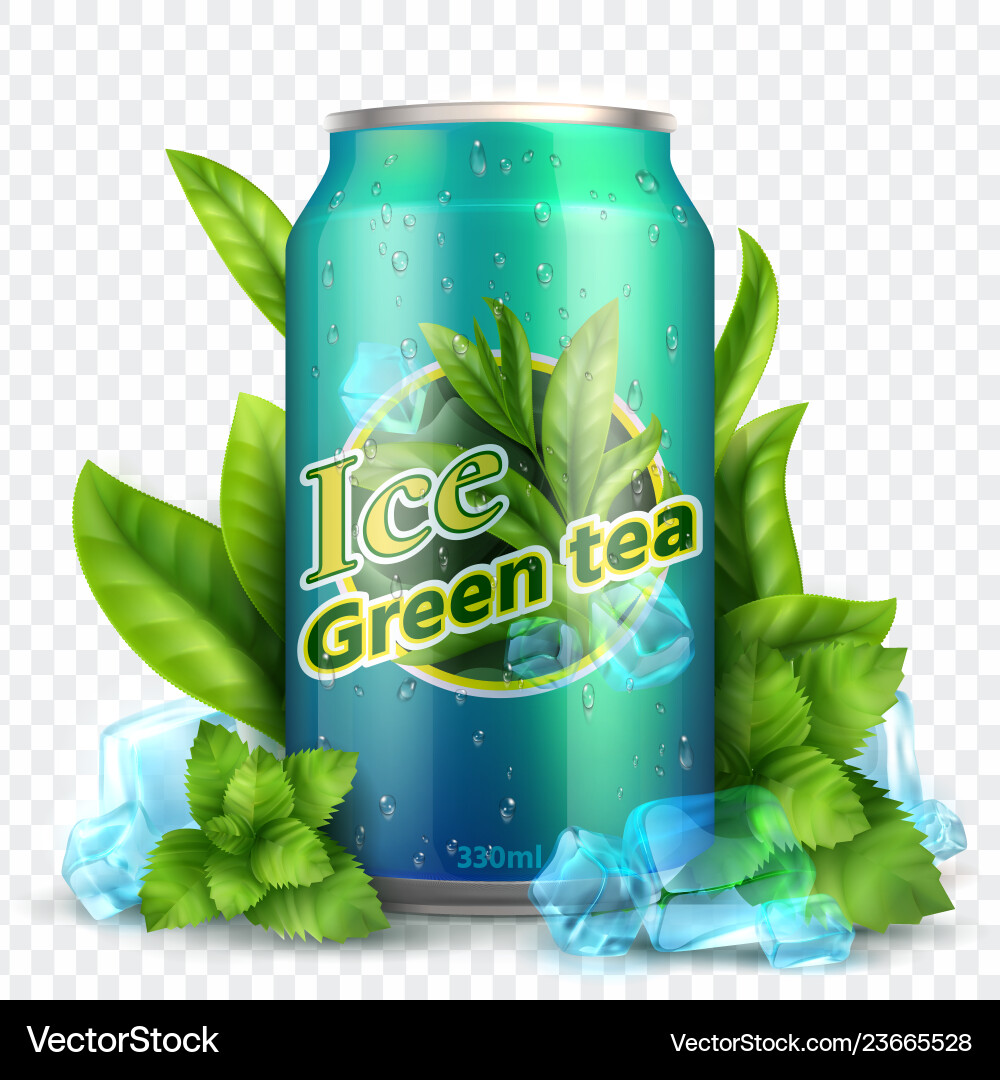 Ice tea background realistic can with leaves Vector Image