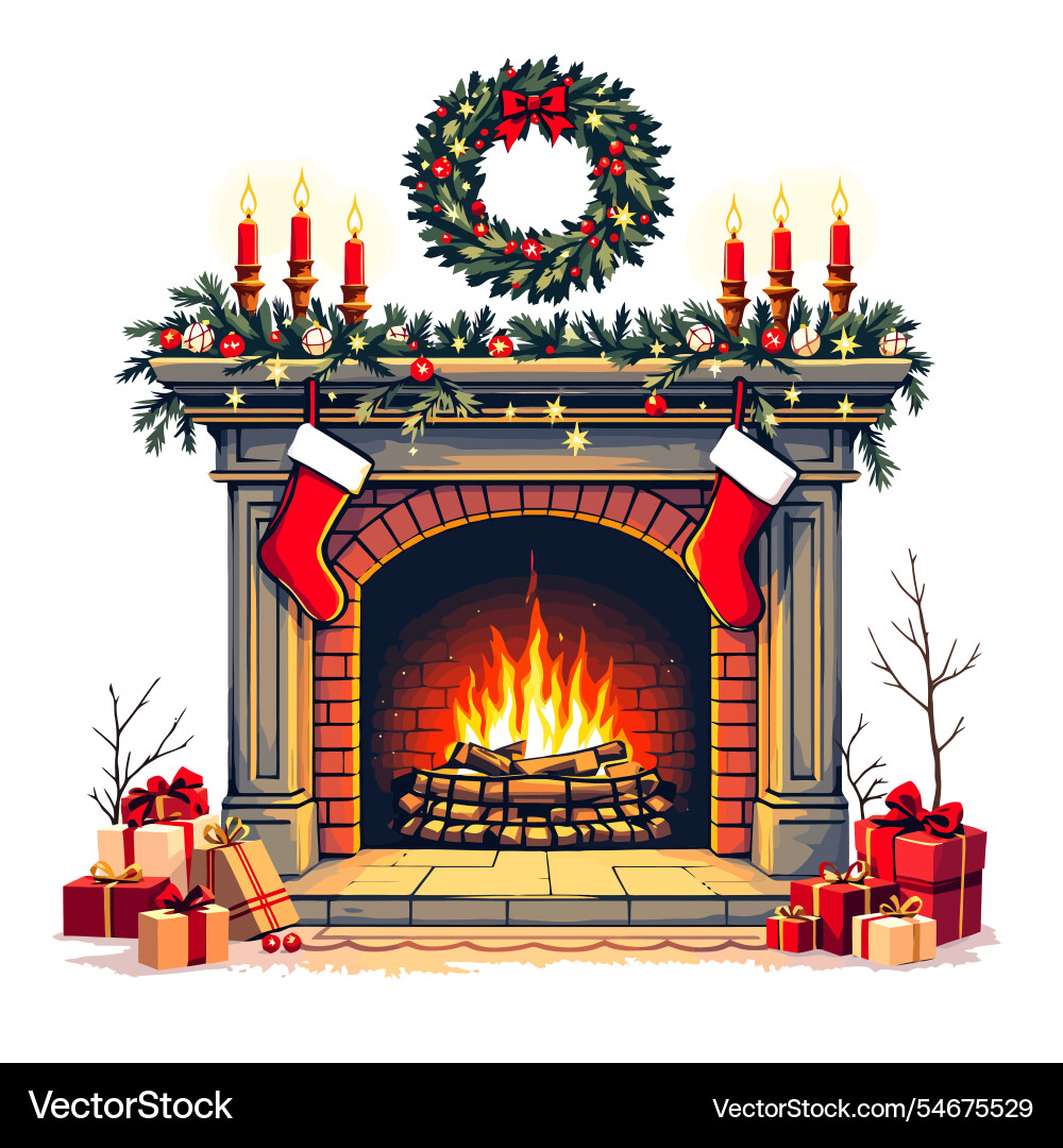 Christmas fireplace with presents and candles Vector Image
