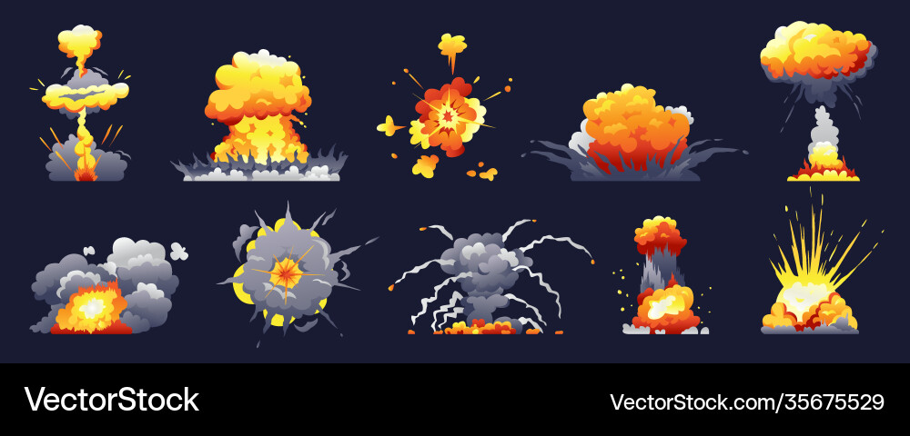 Fire explosions and bombs detonations burst set Vector Image
