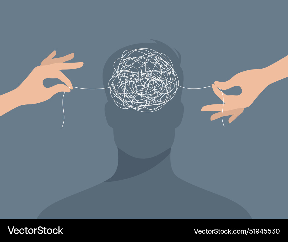 Two hands untangling a tangle of thoughts Vector Image