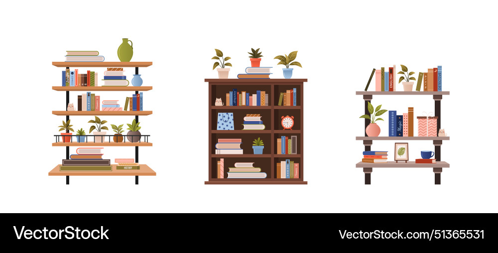 Bookcases book cabinets shelves with books Vector Image