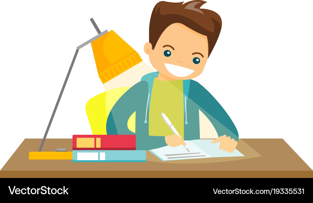 Caucasian white schoolboy doing homework Vector Image