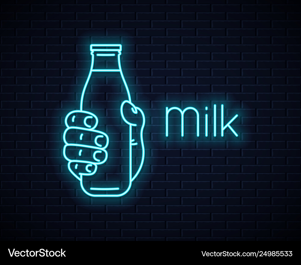Hand hold milk bottle neon sign holding Royalty Free Vector