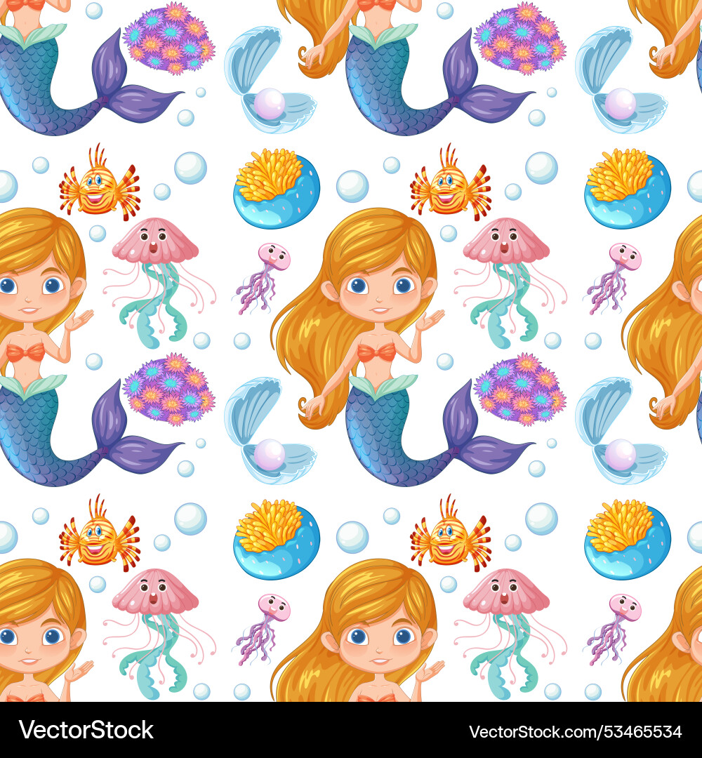 Mermaids and sea creatures in a seamless pattern Vector Image