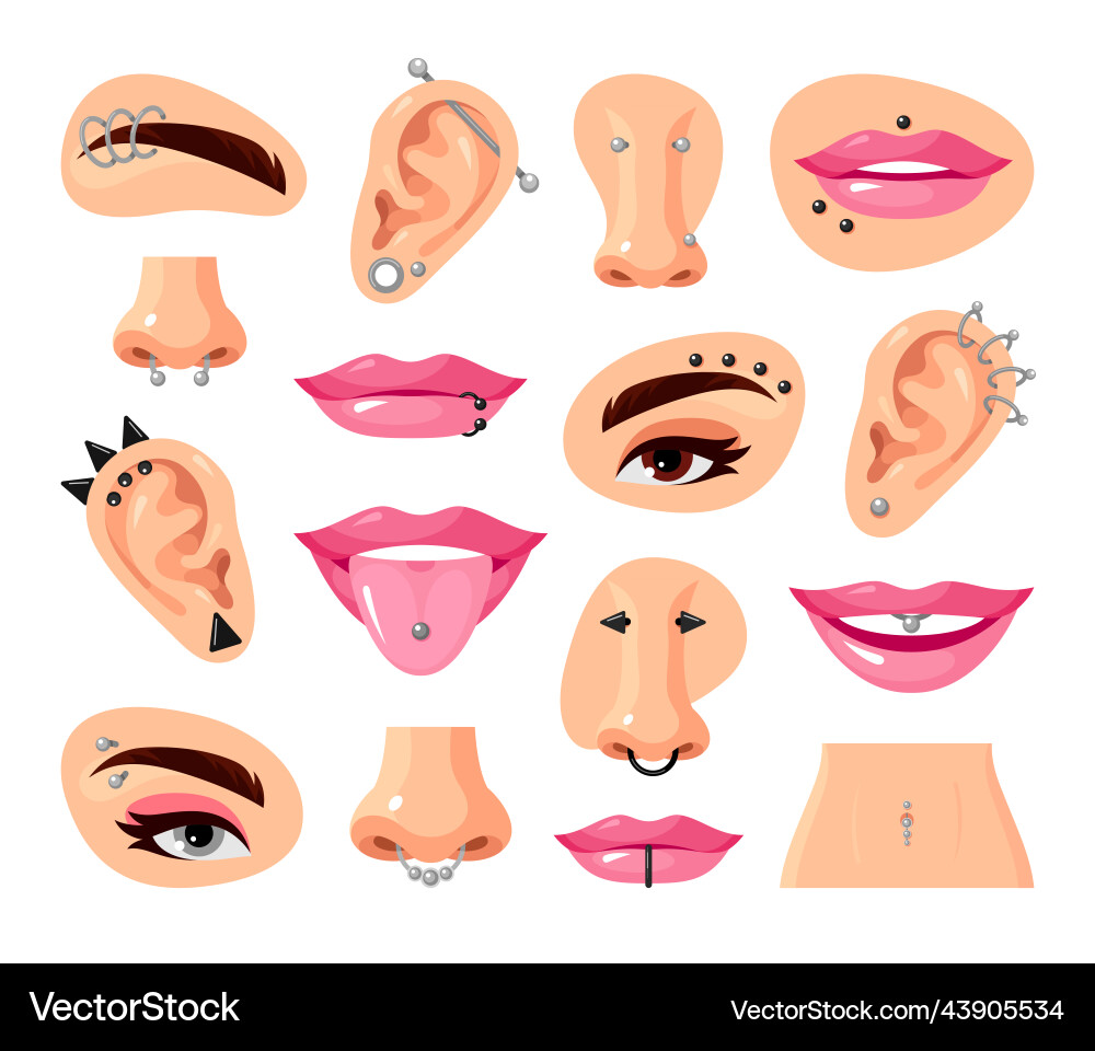 Piercing On Woman Face Body Parts Set Flat Vector Image