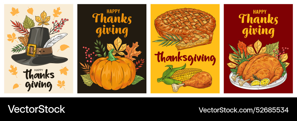 Thanksgiving day colorful set posters Royalty Free Vector