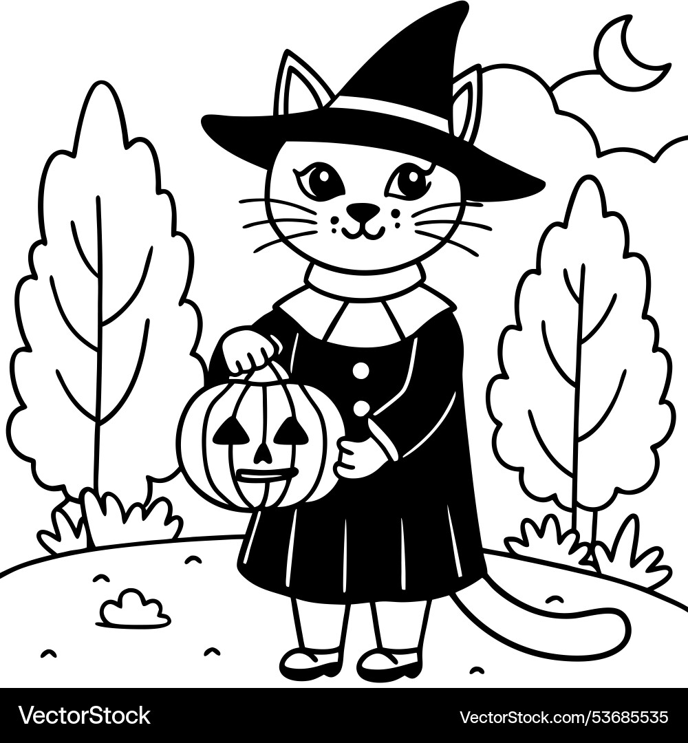 Black cat with halloween witch costume hat Vector Image