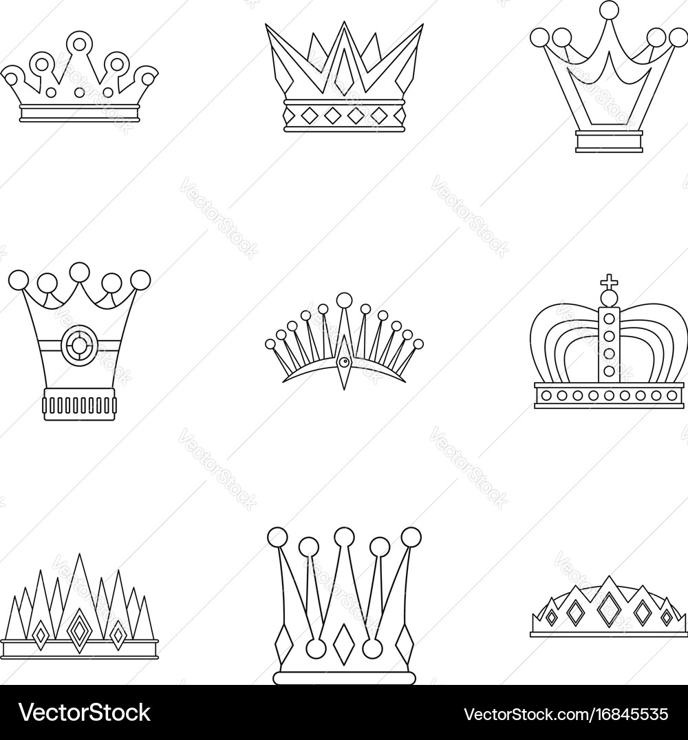 Crown icon set outline style Royalty Free Vector Image