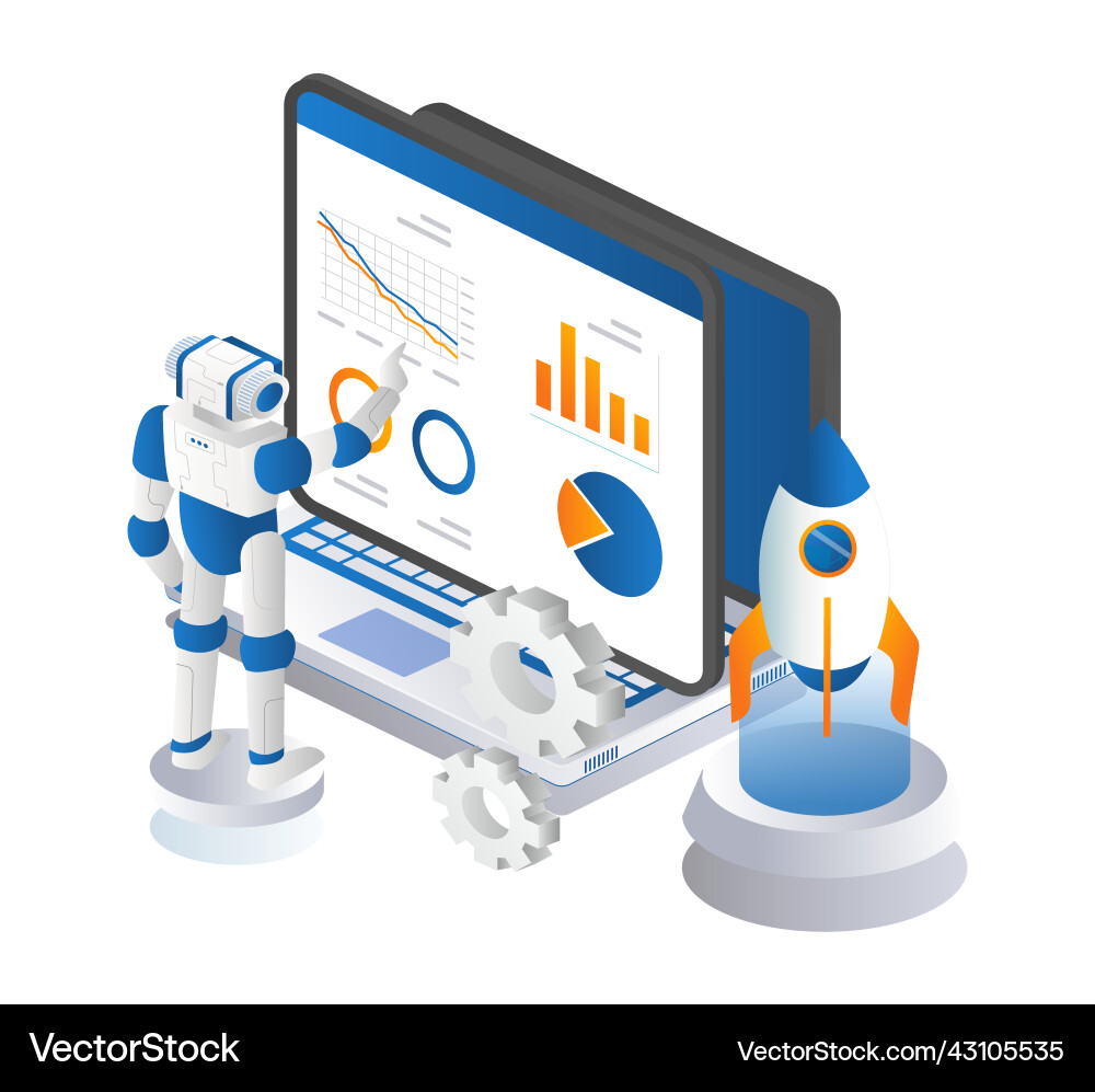 Robot is analyzing rocket control Royalty Free Vector Image