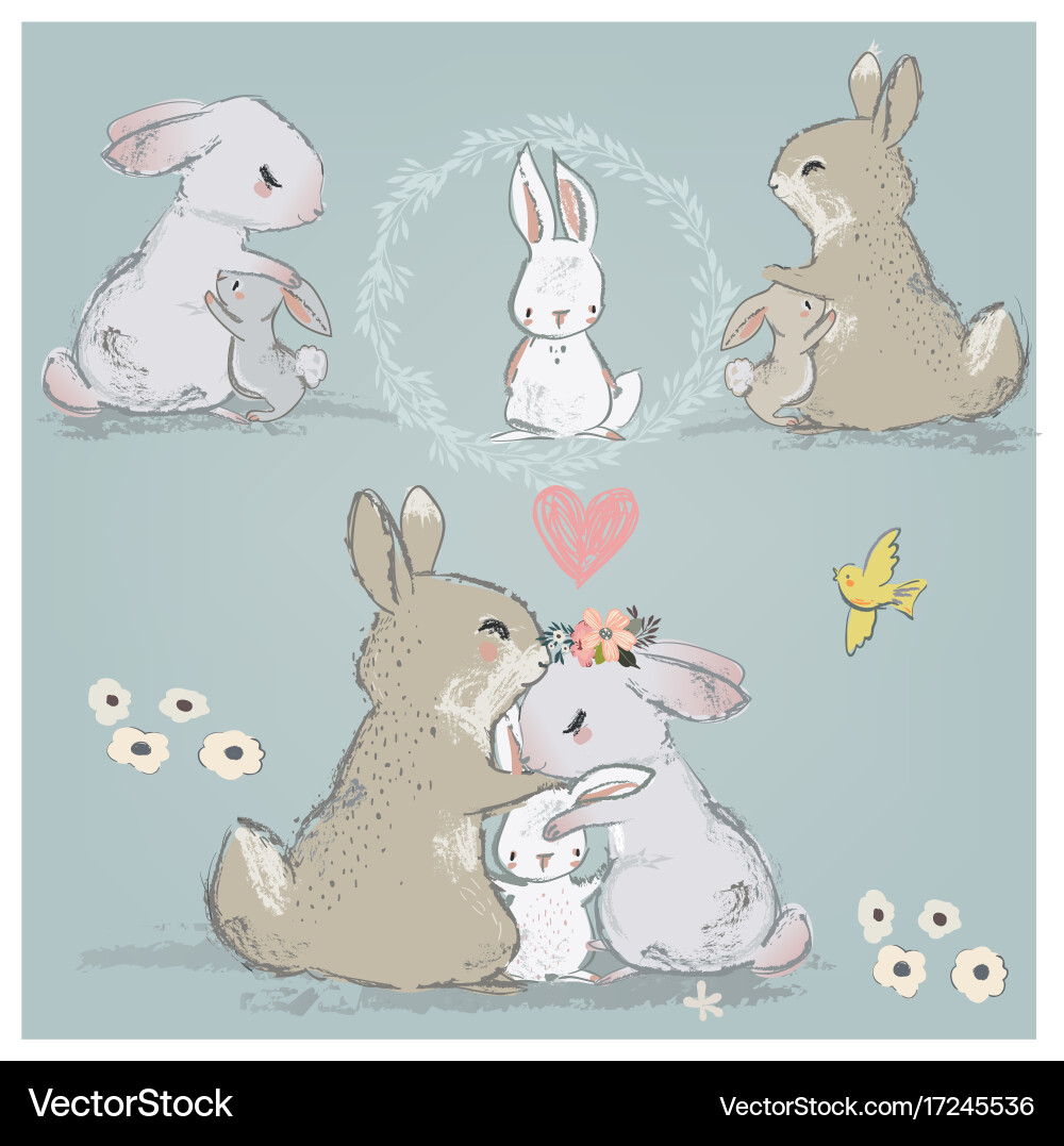 Cute hares couple with children Royalty Free Vector Image